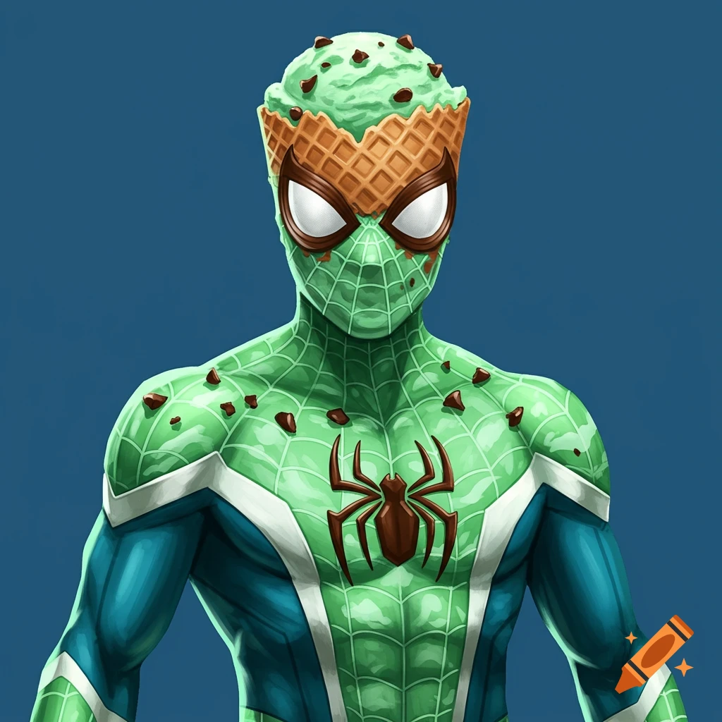 A Spider-Man inspired superhero with a mint chocolate chip ice cream ...