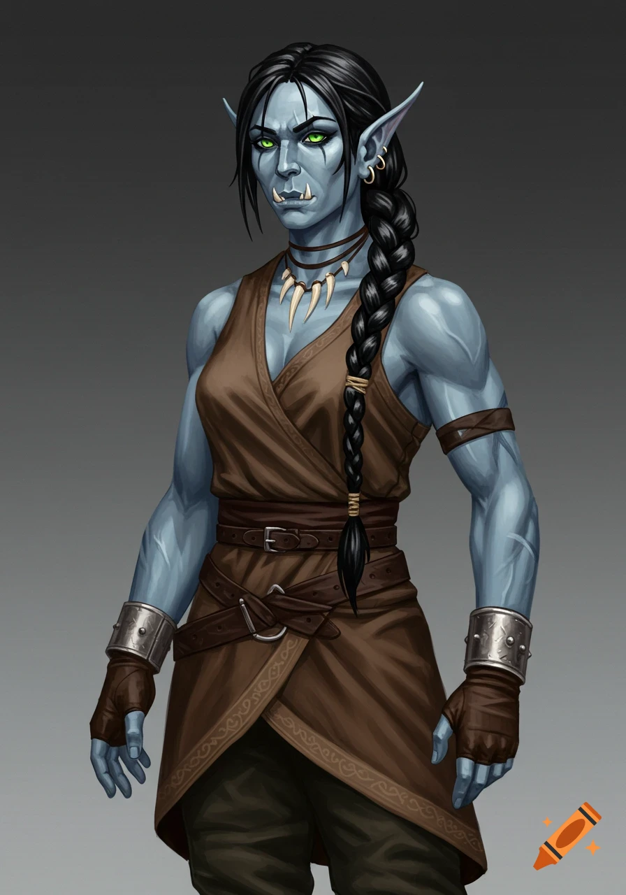 A female D&D orc with pale blue skin, green eyes, black braided hair ...