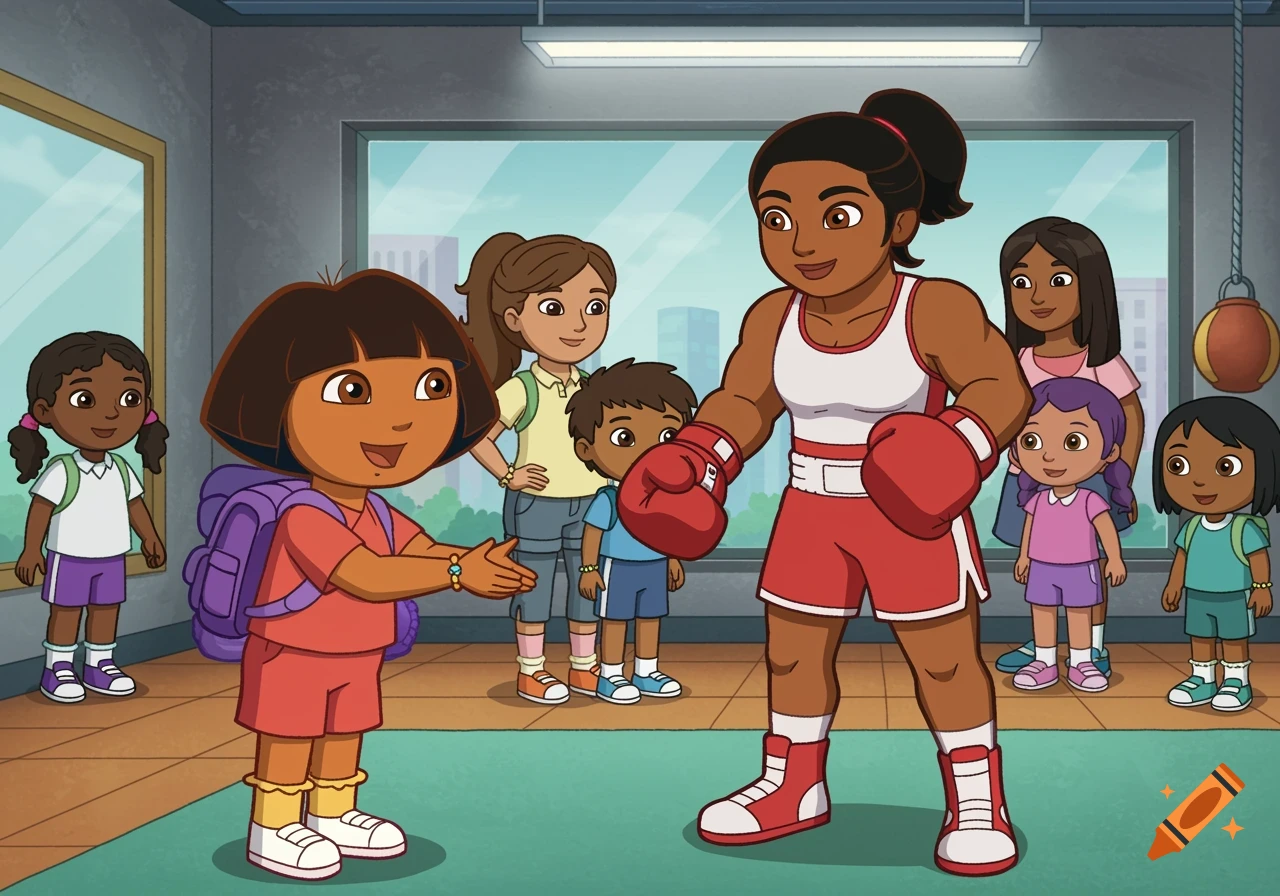 Dora the Explorer meets a female boxer at a gym, surrounded by other ...