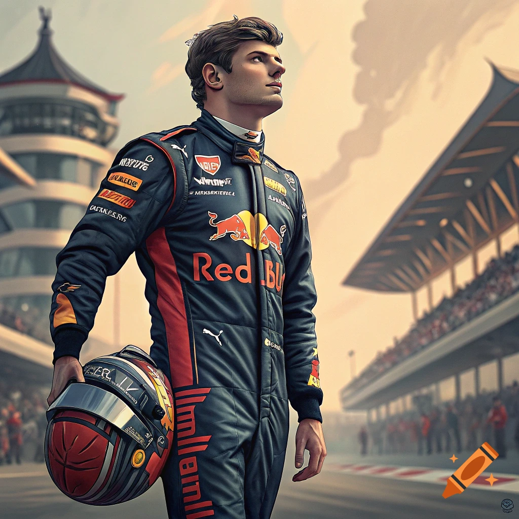 A photorealistic image of a male race car driver in a Red Bull suit ...