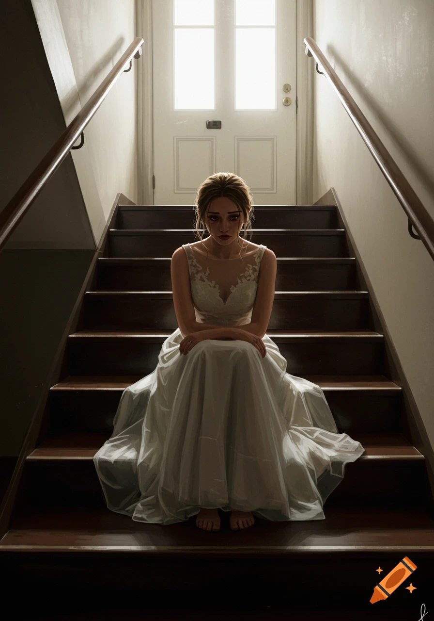 A sad bride in a white wedding dress sits alone on dark brown stairs ...