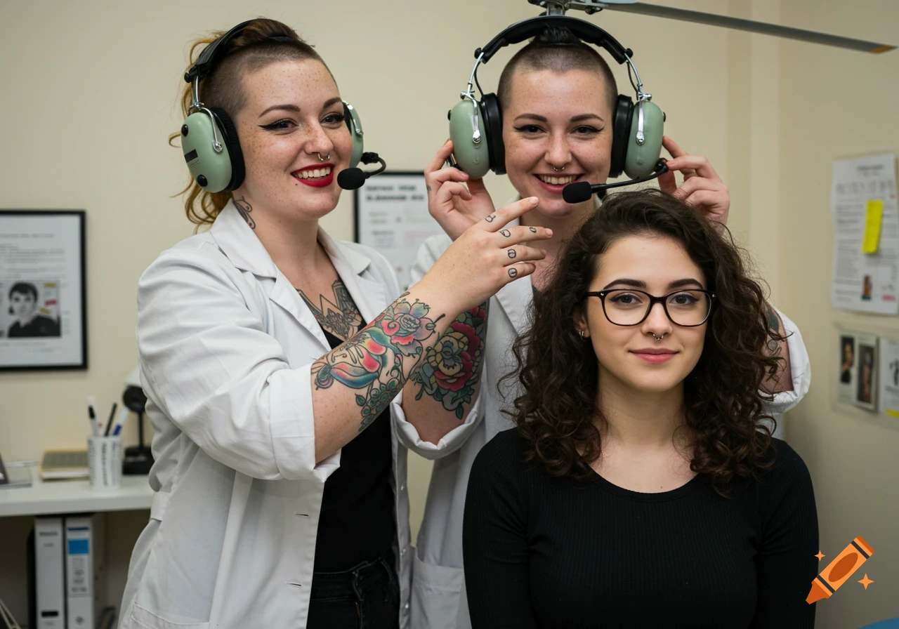 Three women in a doctor's office, two wearing lab coats and large ...
