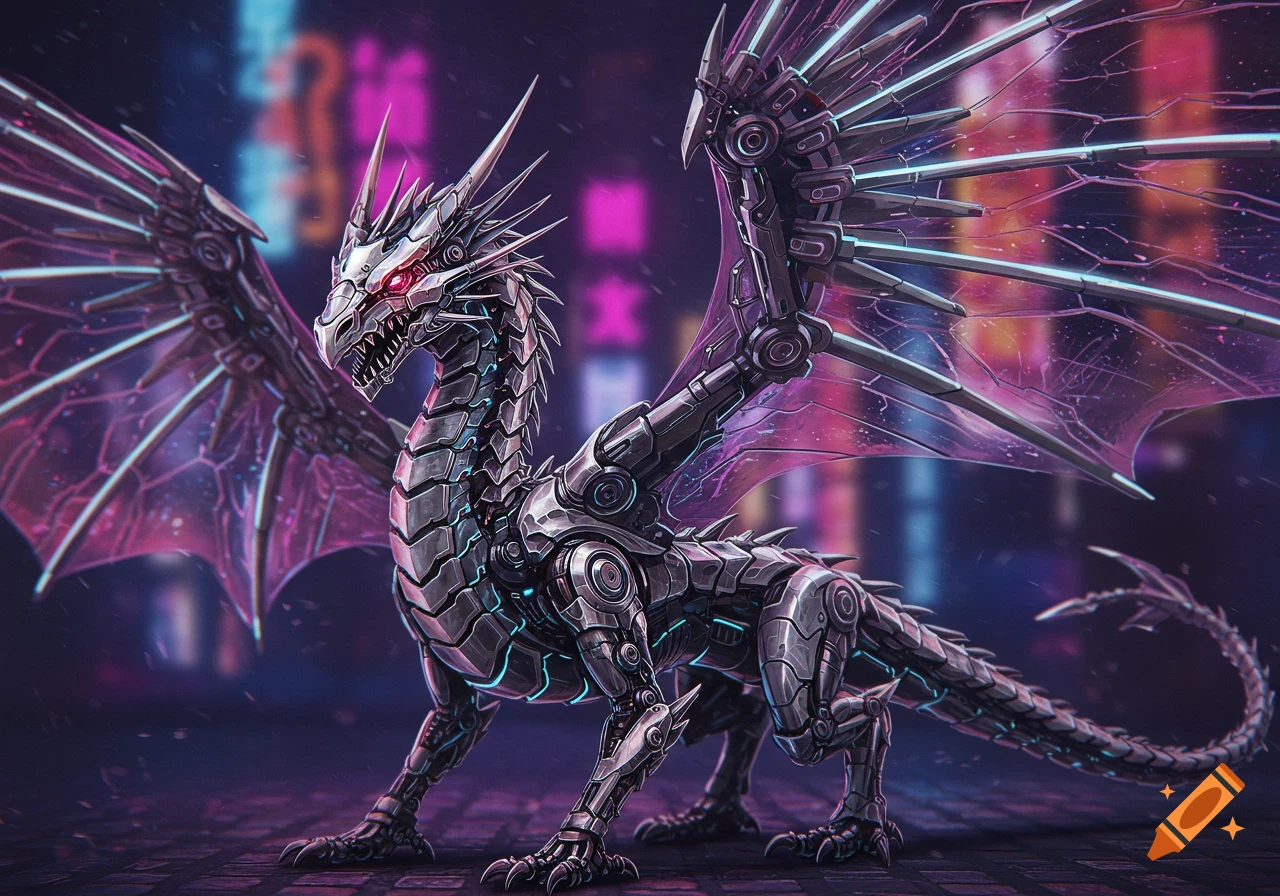 A metallic tech wyvern with glowing wings stands in a cyberpunk city ...