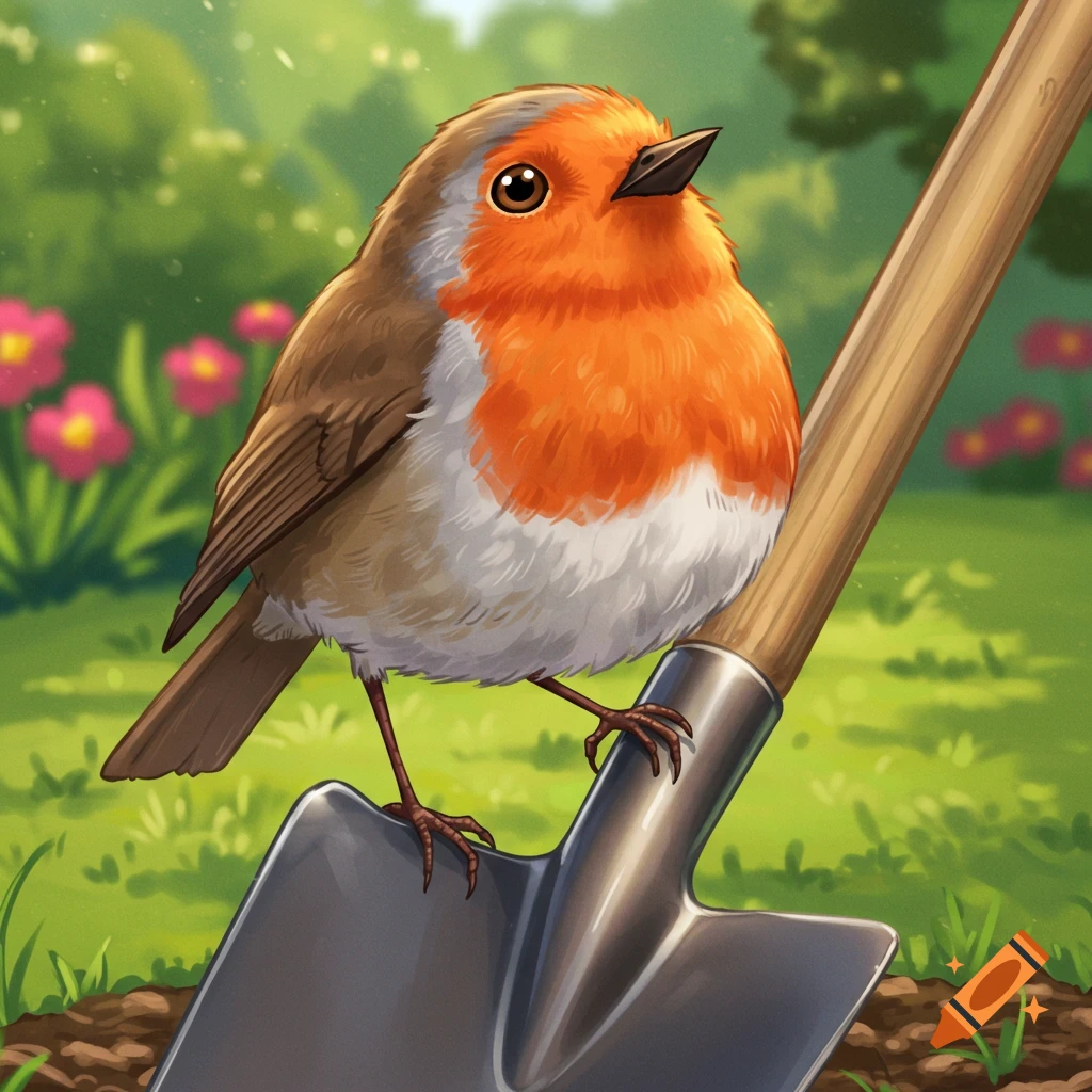 A detailed cartoon of a fluffy European robin bird with an orange ...