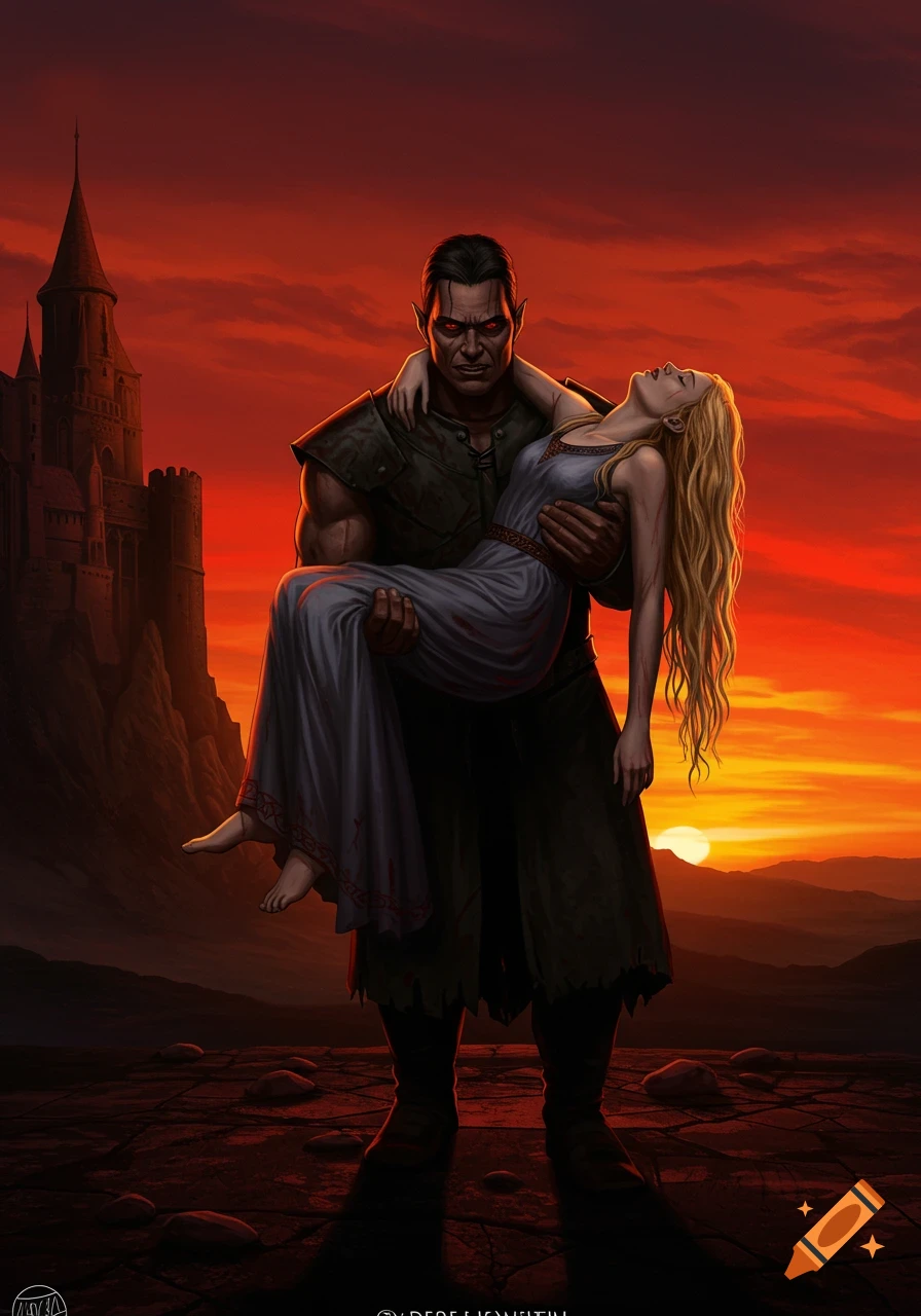 A muscular, red-eyed fantasy creature carries an unconscious blonde ...
