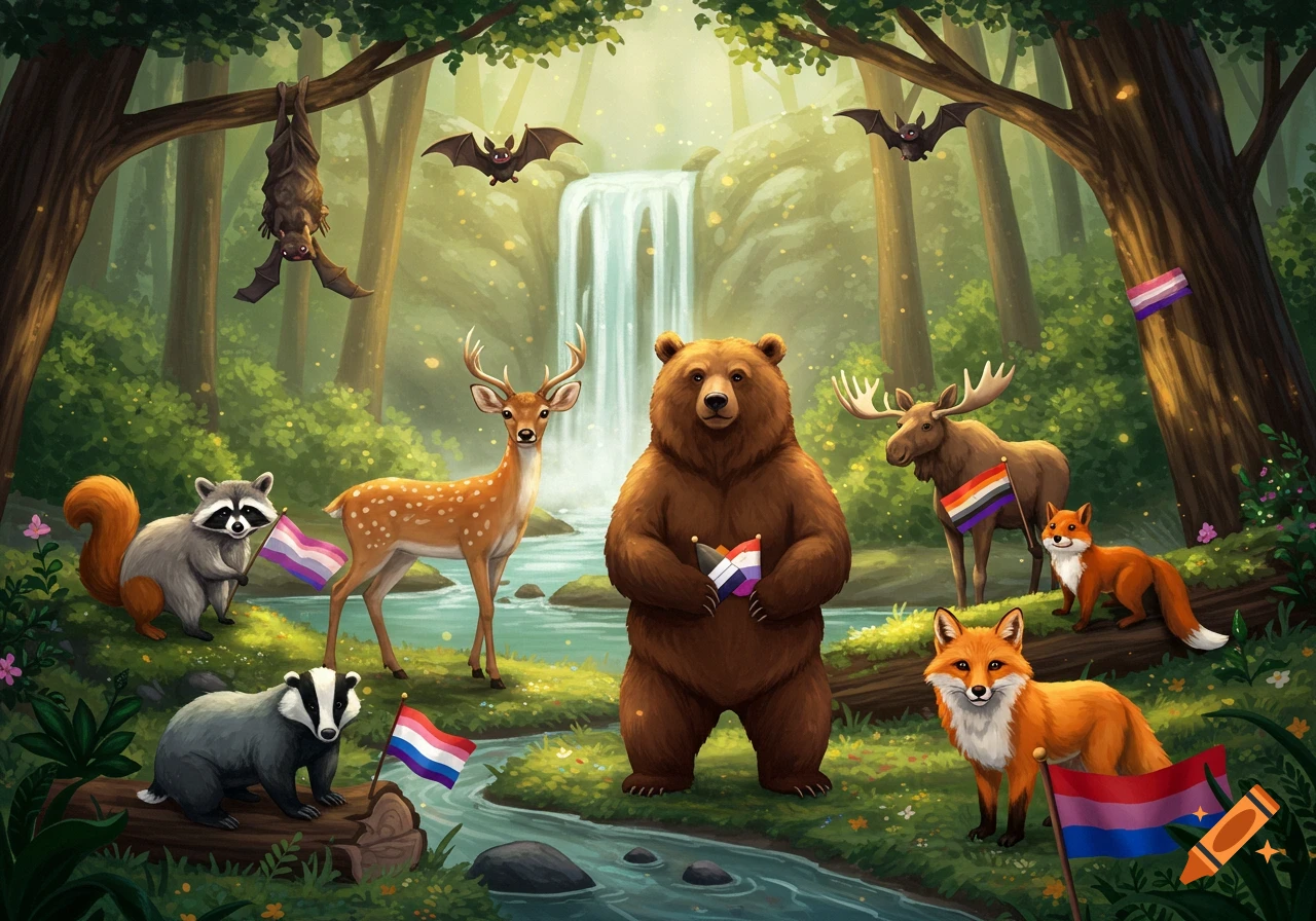 Whimsical illustration of woodland animals holding LGBTQ+ pride flags ...