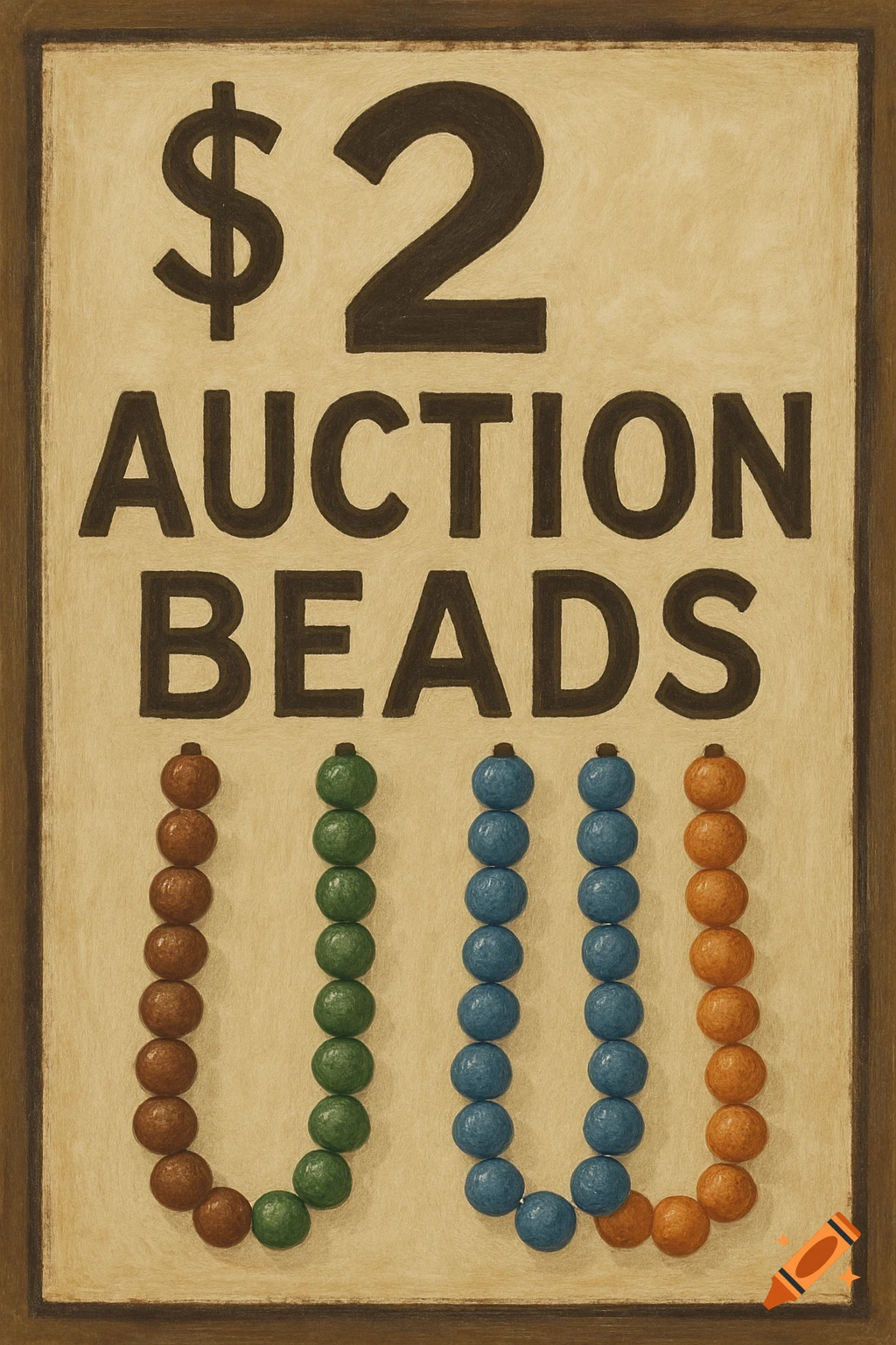 A painted sign with the text "$2 AUCTION BEADS" above vertical strings ...