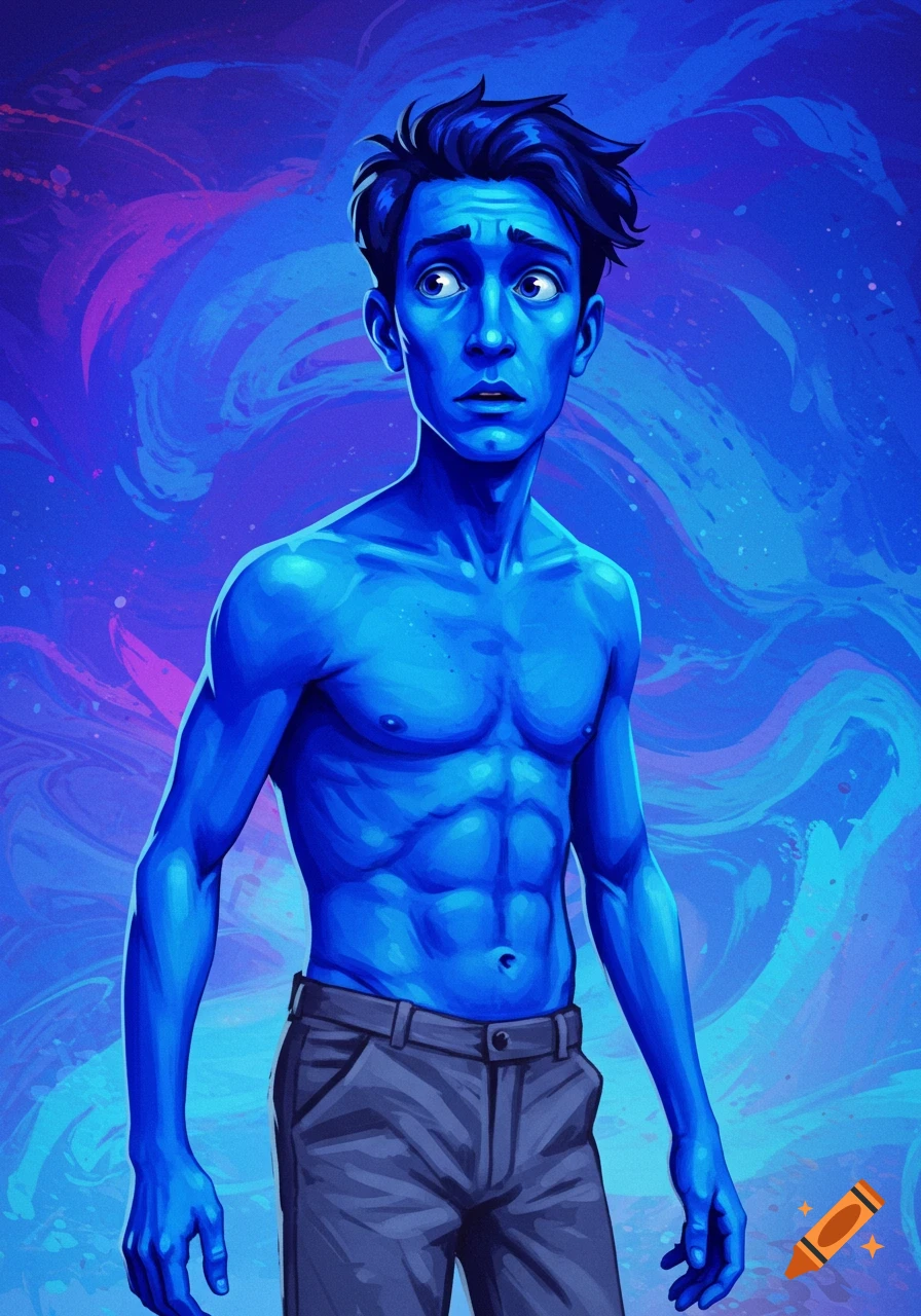 A blue-skinned man with an athletic build and a concerned expression ...