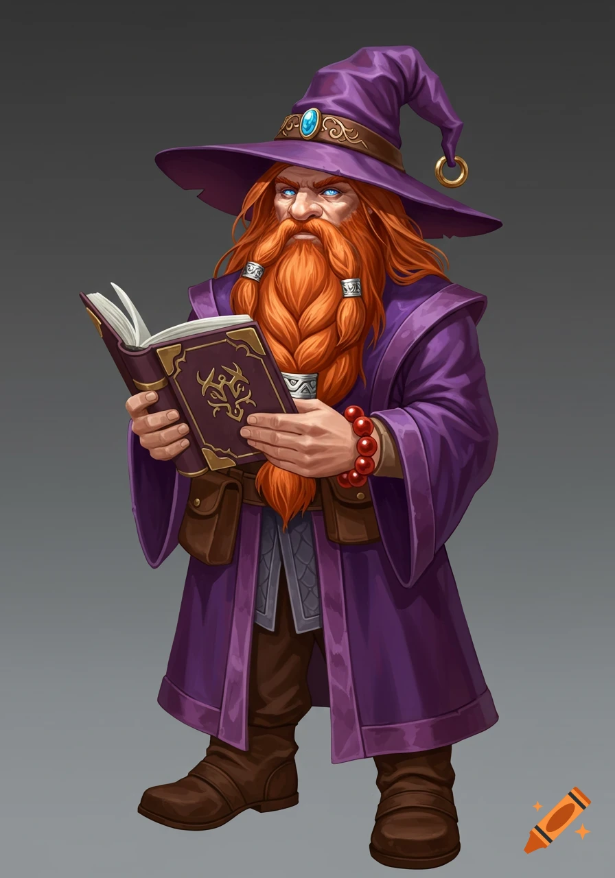 A dwarf wizard with a long red braided beard and a purple hat, holding ...