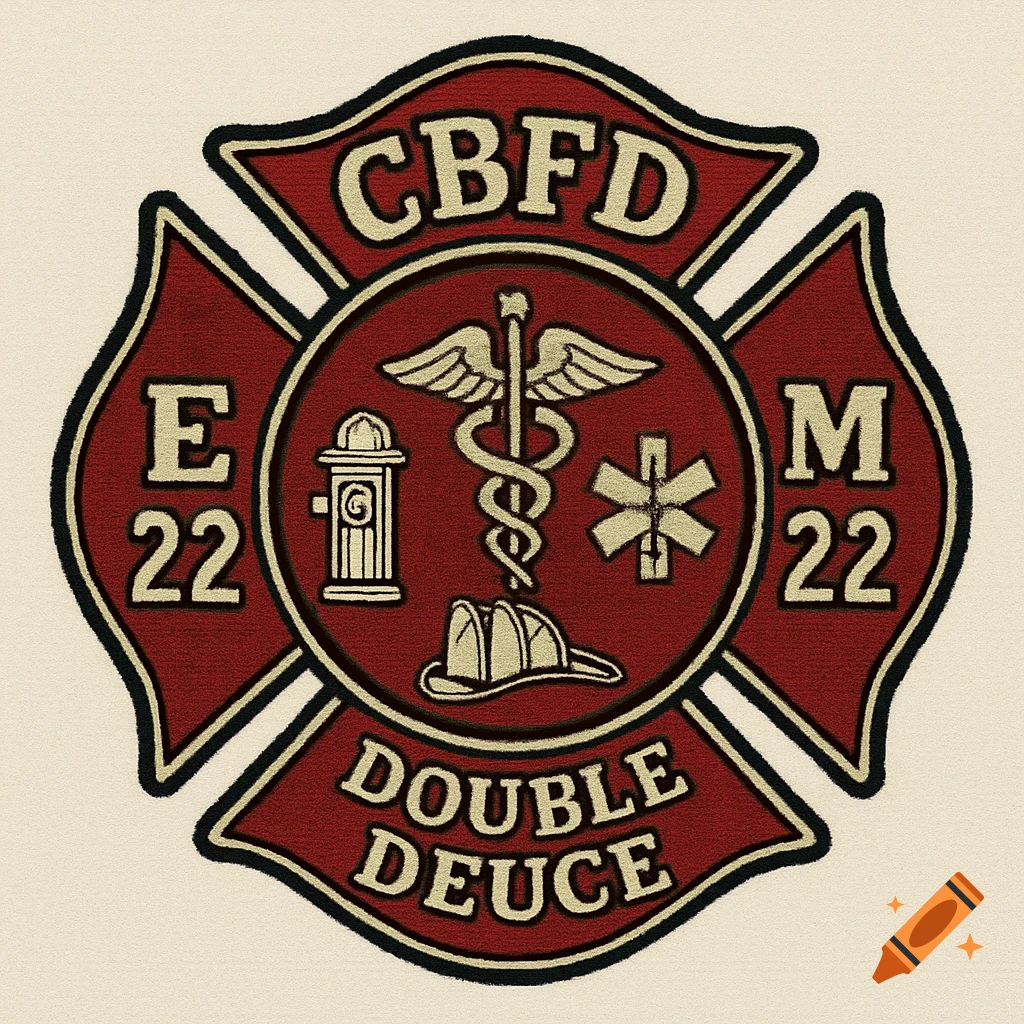 A traditional red fire department Maltese cross logo with gold text and ...