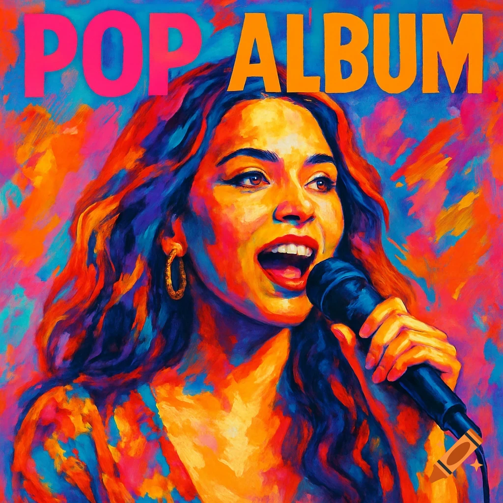Colorful vibrant painting of a female singer holding a microphone, with ...
