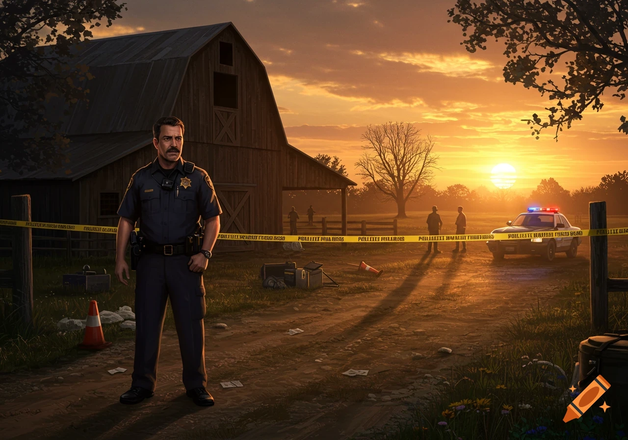 A police officer stands at a rural crime scene at sunset, marked with ...