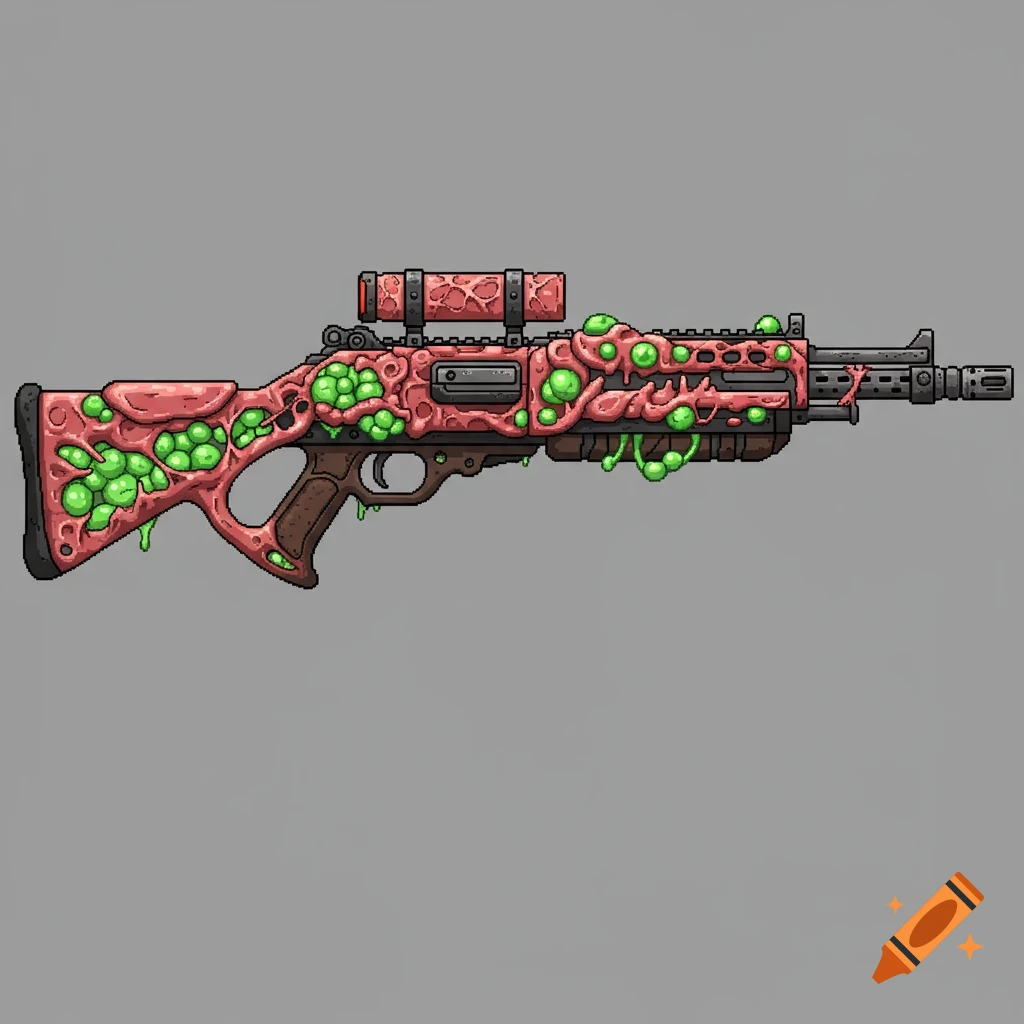 A side-view 2D pixel art sprite of a grotesque plague rifle made of ...
