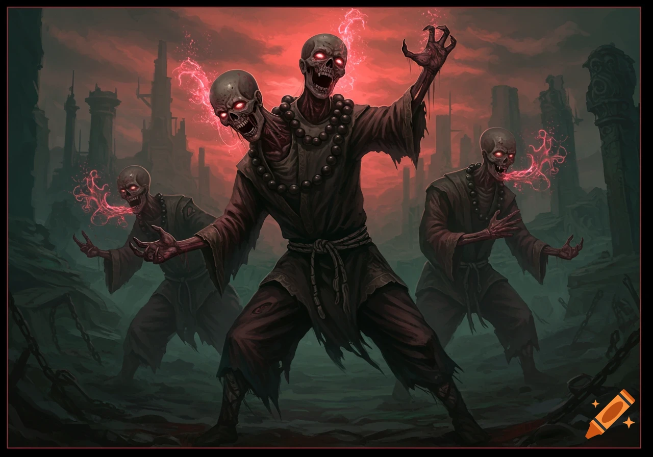 Three menacing undead monks with glowing red eyes stand in a ruined landscape under a blood-red ...