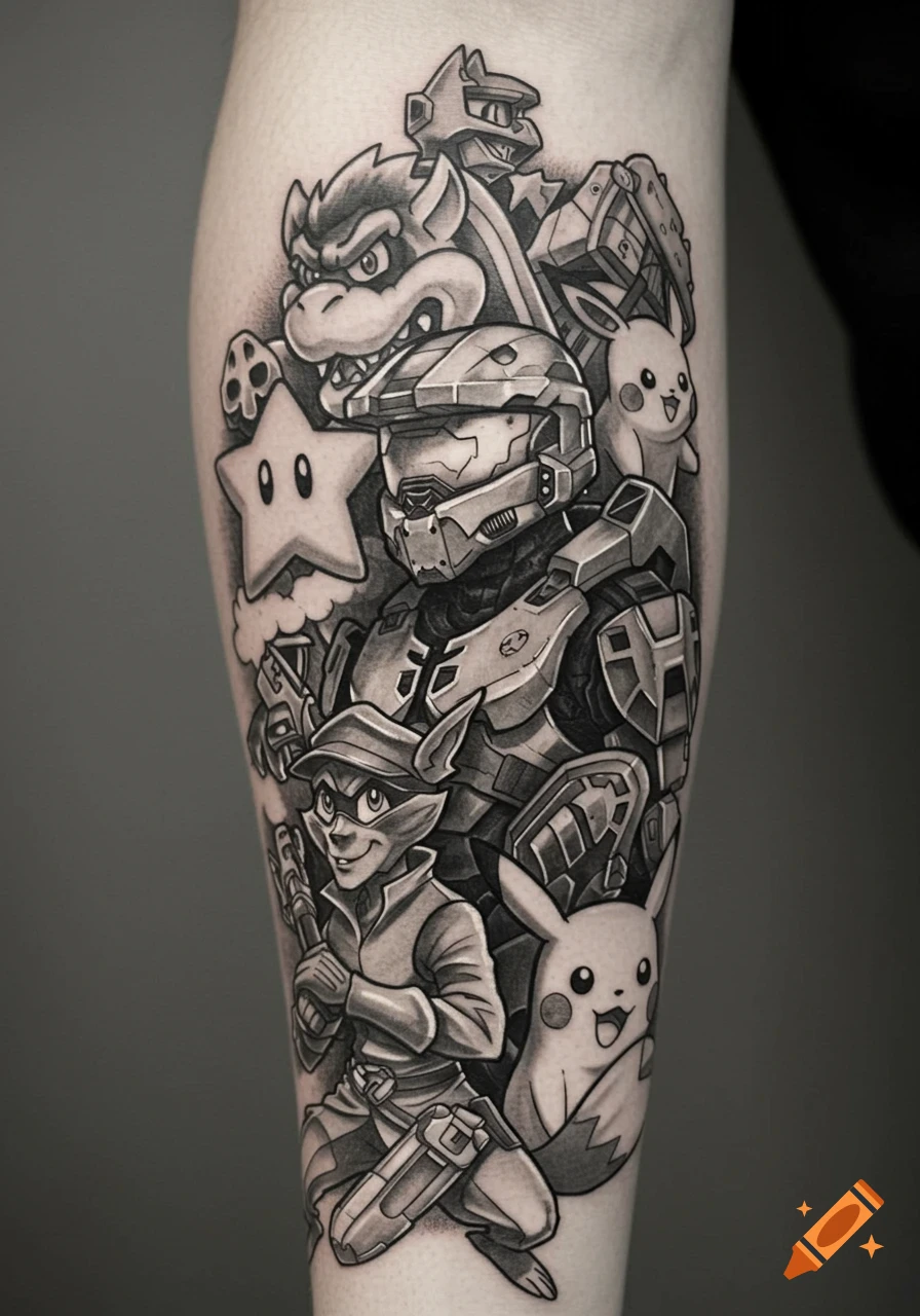 Black and white video game character tattoo featuring Bowser, Master ...