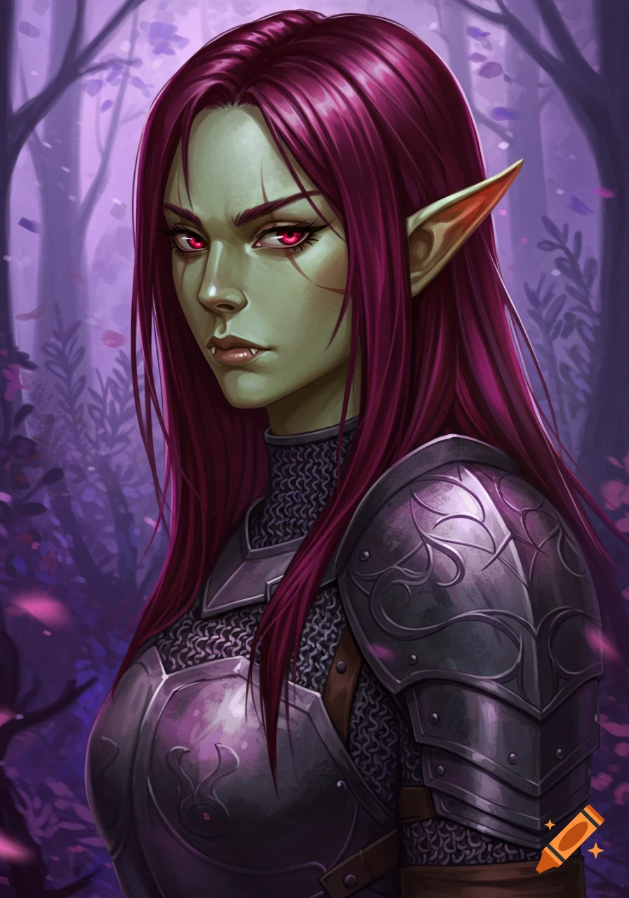 Portrait of a green-skinned female fantasy warrior with magenta hair ...