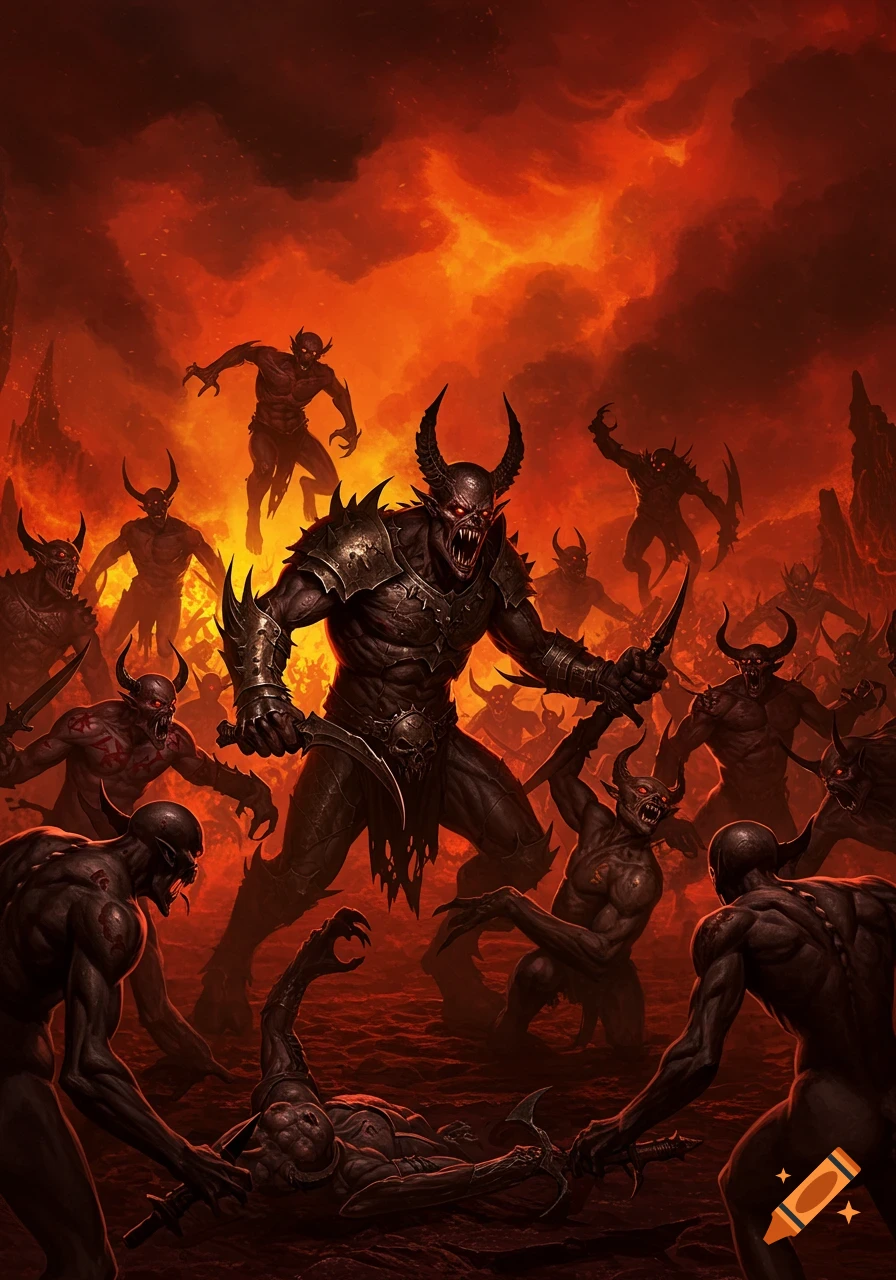 An epic fantasy illustration depicting a horde of horned demons and ...