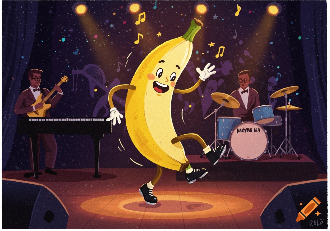 A smiling cartoon banana with arms and legs tap dances on a spotlighted ...