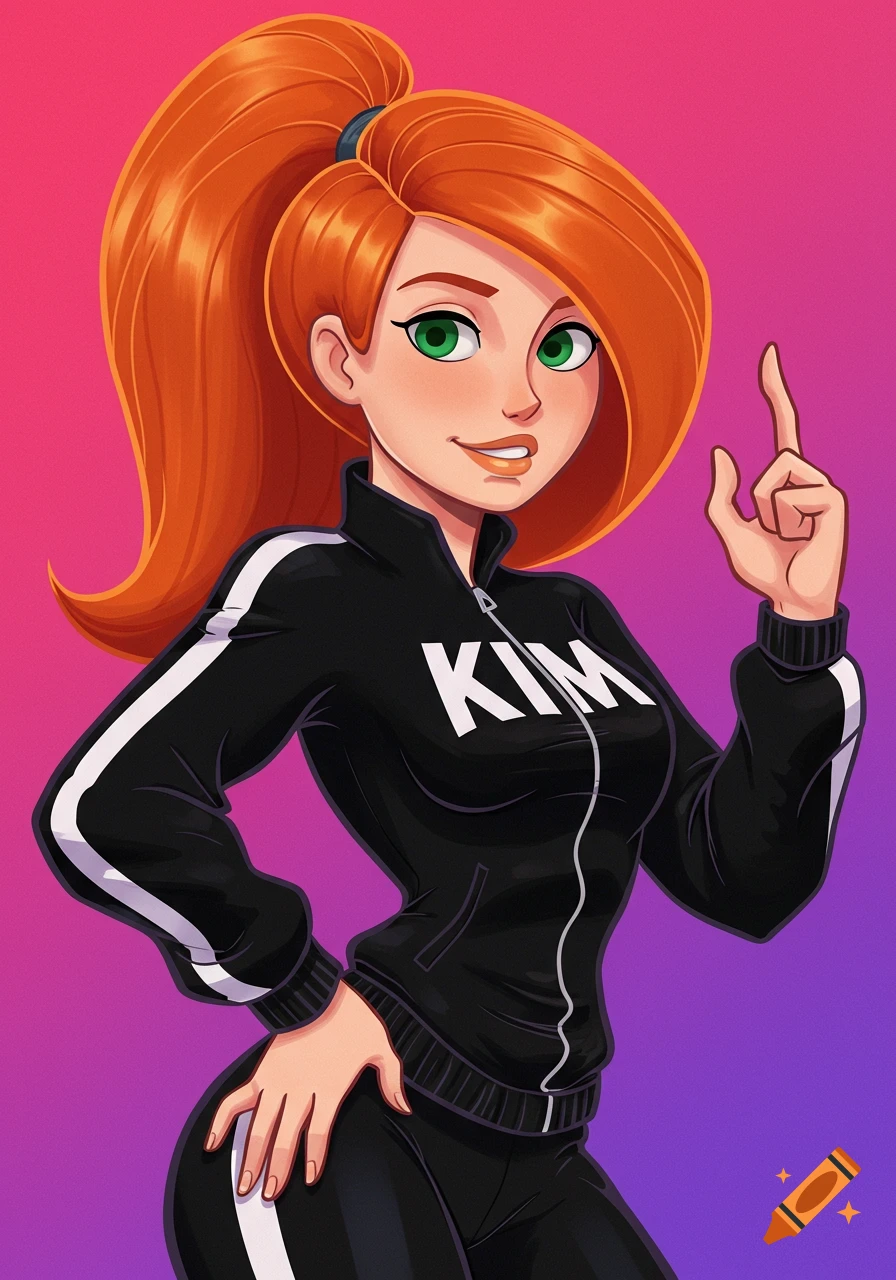 A cartoon depiction of Kim Possible with red hair and green eyes ...