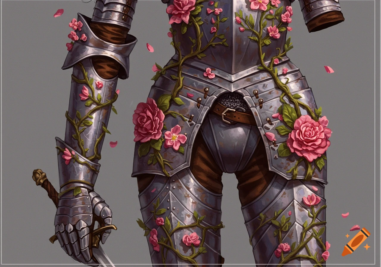 Intricate silver armor covered in pink roses and green vines, with a ...