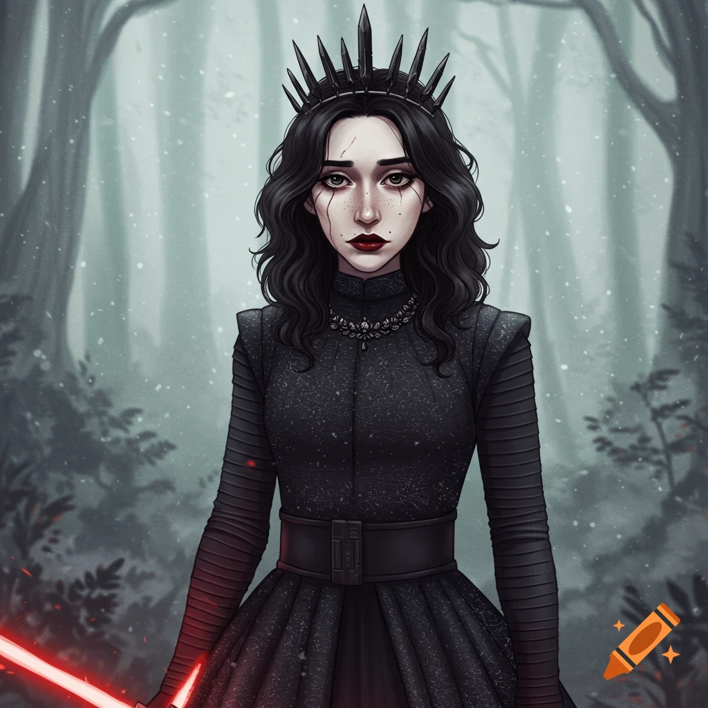 A dark princess with a spiky crown and black dress holds a red ...