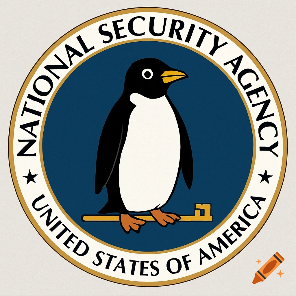 A circular NSA logo featuring a cartoon penguin standing on a gold key ...