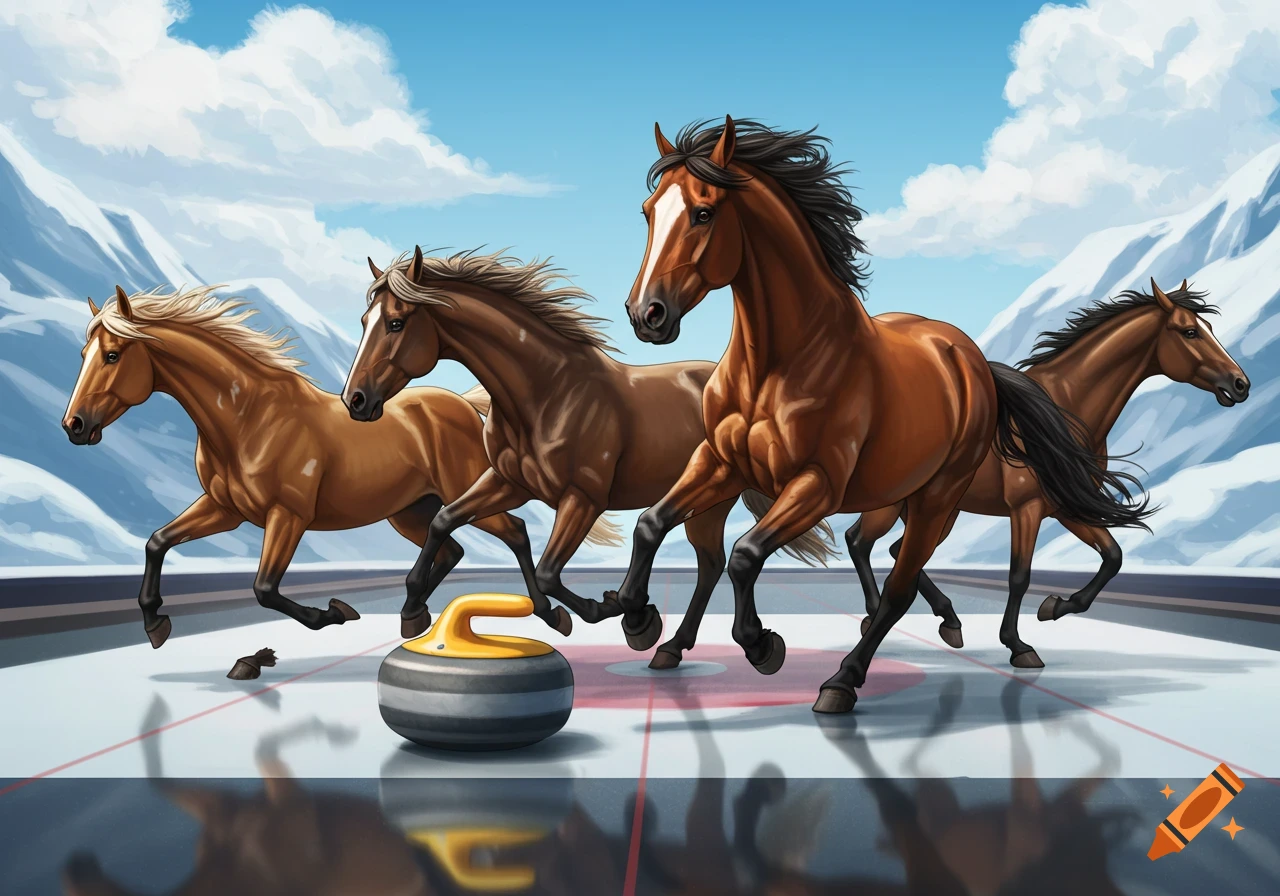 Four brown horses race on an ice rink with a curling stone, snowy ...
