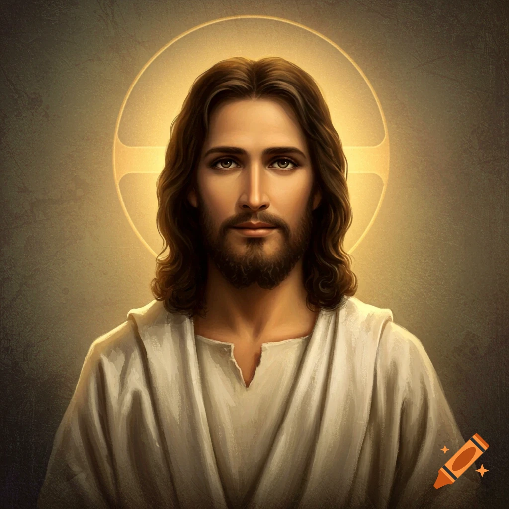 Portrait of Jesus Christ with long hair, beard, and a golden halo ...