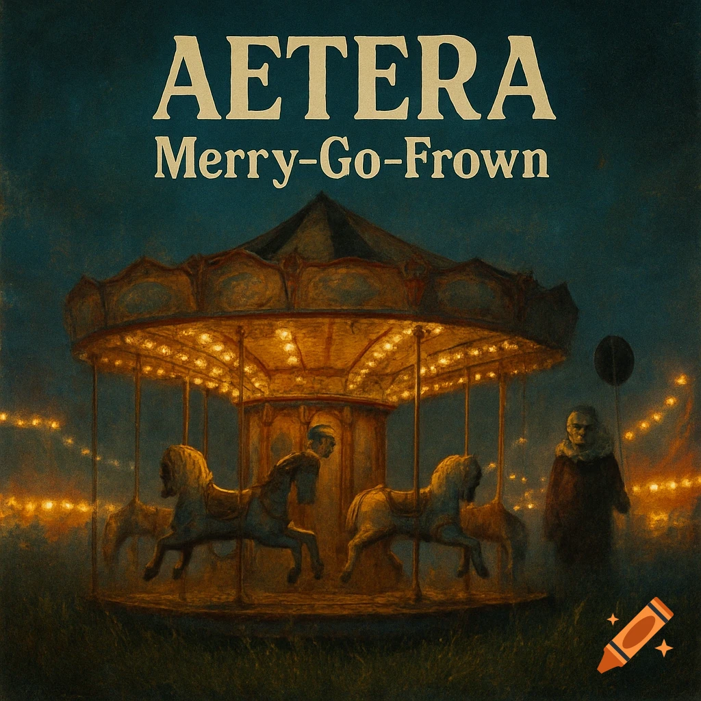 A dark, surreal painting of a dilapidated merry-go-round lit by string ...