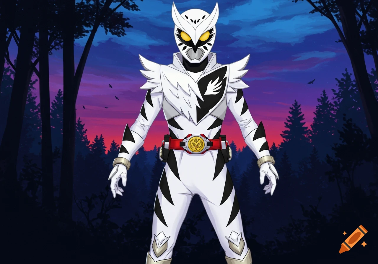 A white and black owl-themed superhero stands in a dark forest against ...