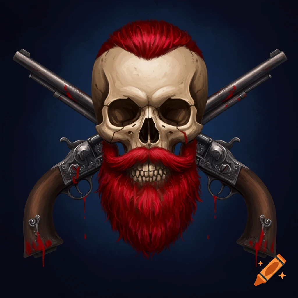 An illustration of a skull with a red beard and hair, with two crossed ...