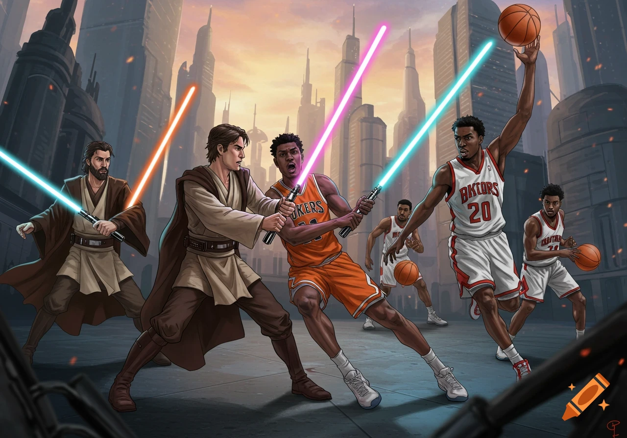 Jedi characters with lightsabers facing off against basketball players ...