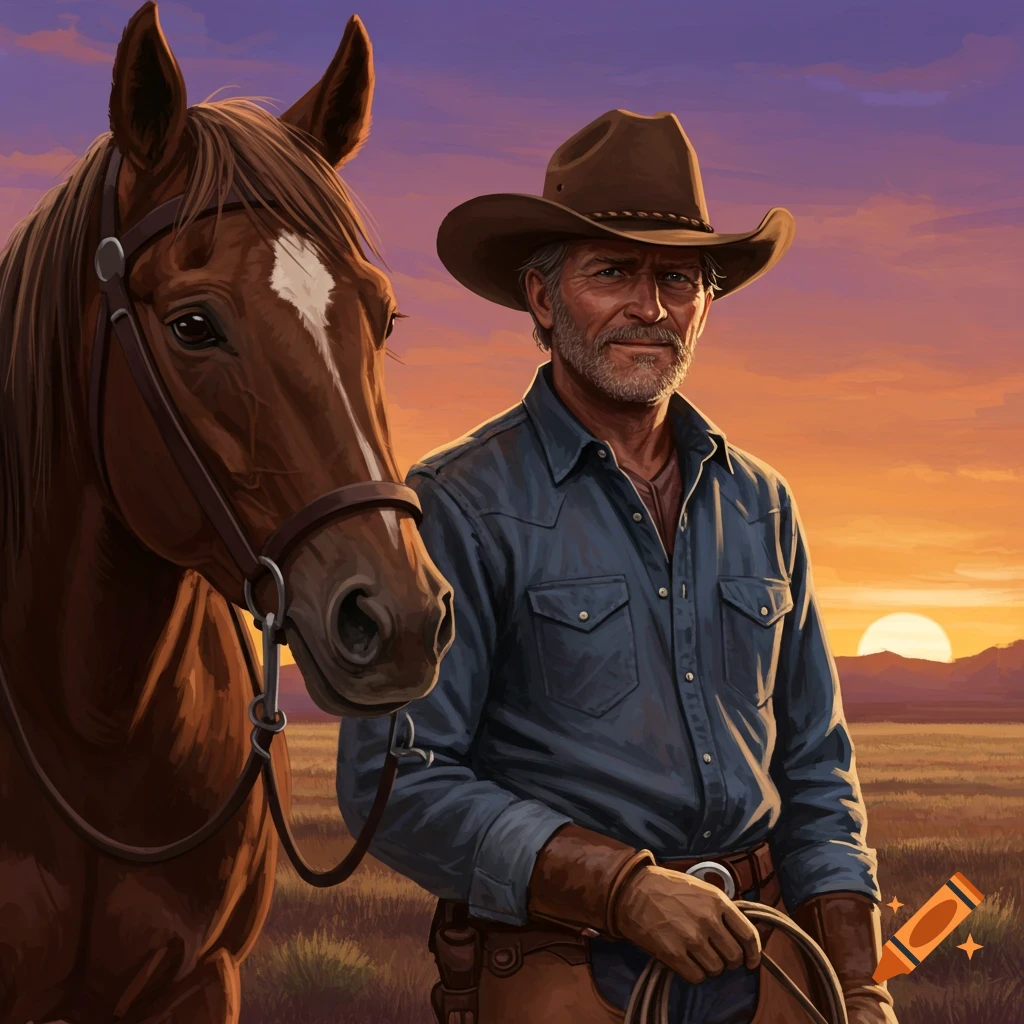 A rugged cowboy with a beard and hat stands beside a brown horse in a ...
