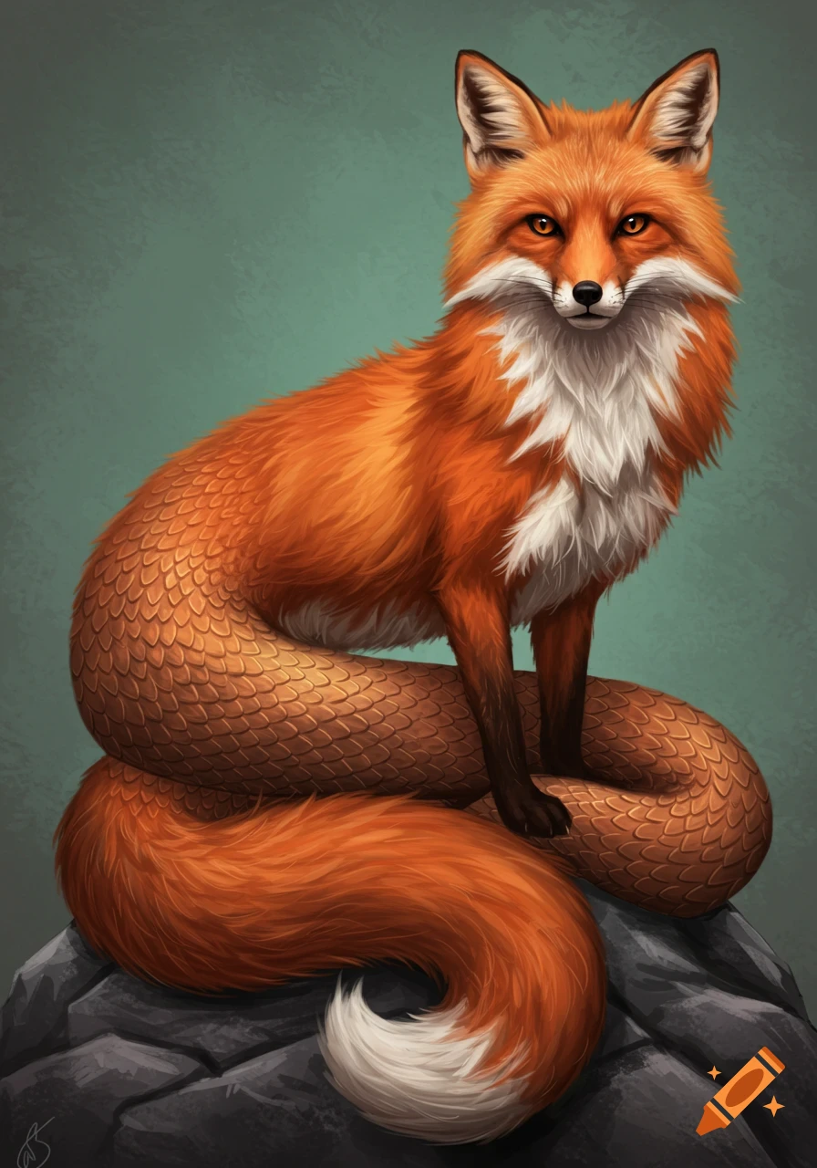 A creature that is half fox and half snake sits on rocks, with orange ...