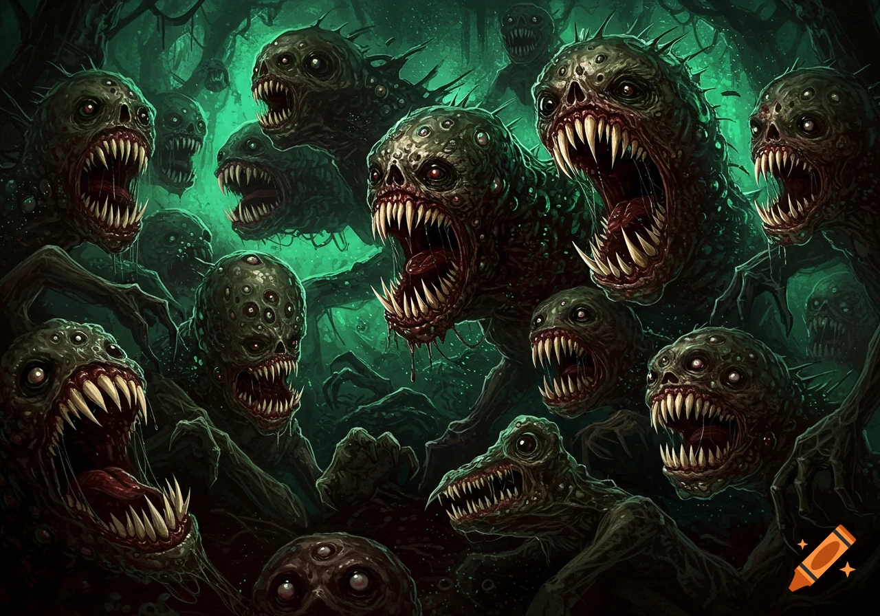 A crowd of grotesque, multi-eyed monsters with sharp teeth and open ...