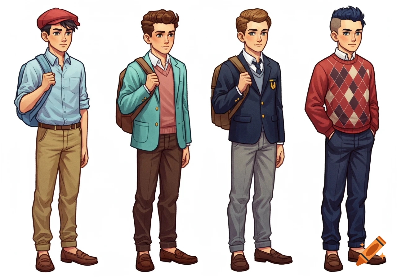 Four male cartoon characters, likely teenagers, in anime style, wearing ...