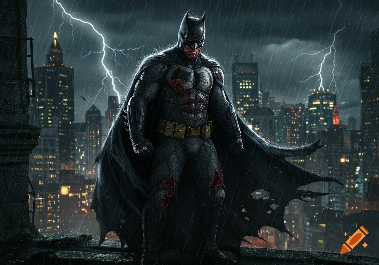 Batman, in a dark, damaged suit with a cracked mask, stands on a rainy ...