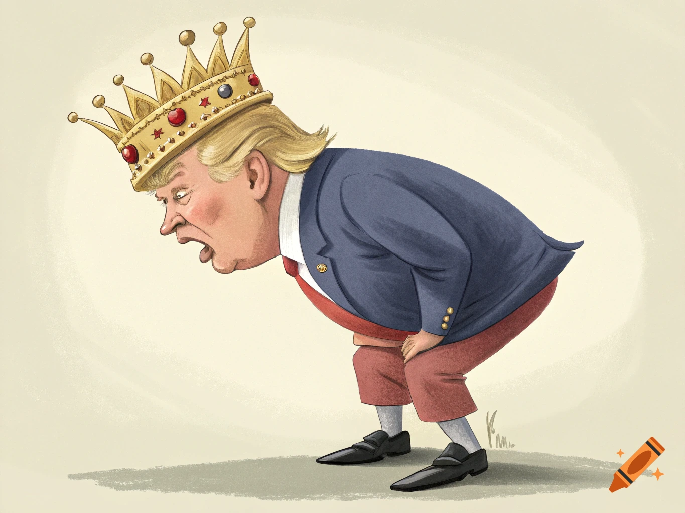 Cartoon caricature of Donald Trump wearing a crown, bending over and ...