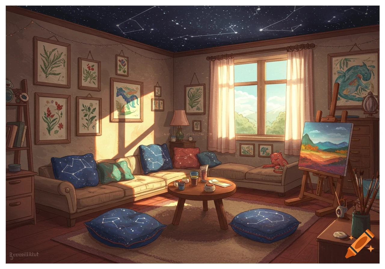 A cozy artist's room with a starry ceiling, nature paintings, and ...