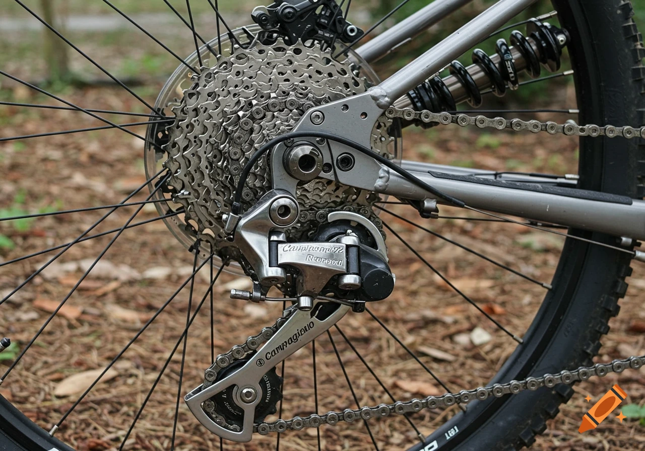 Close-up of a bicycle's rear derailleur, cassette, and chain, with a ...