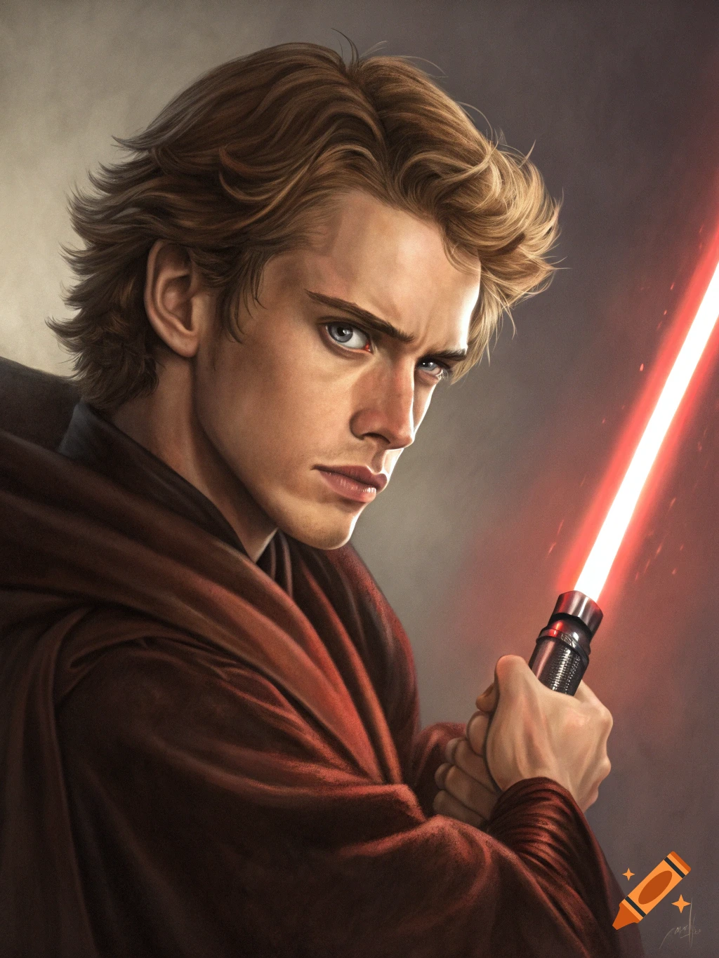 Hyperrealistic portrait of Anakin Skywalker in a dark robe, holding a ...