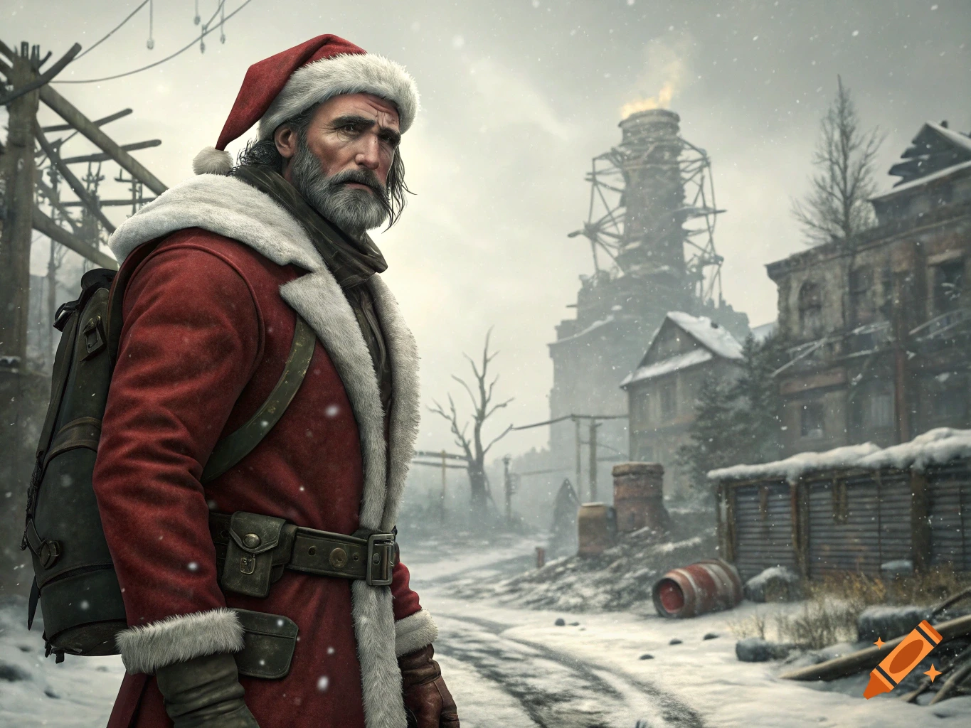Photorealistic image of a rugged Santa Claus in a red suit and backpack, standing in a snowy ...