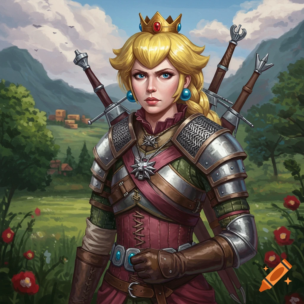Princess Peach as a Witcher, in detailed armor with swords, standing in ...