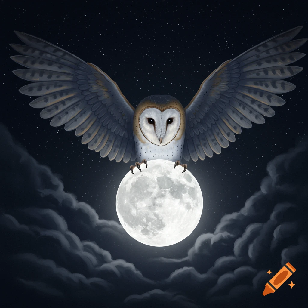 A barn owl with outstretched wings grips the full moon against a dark ...