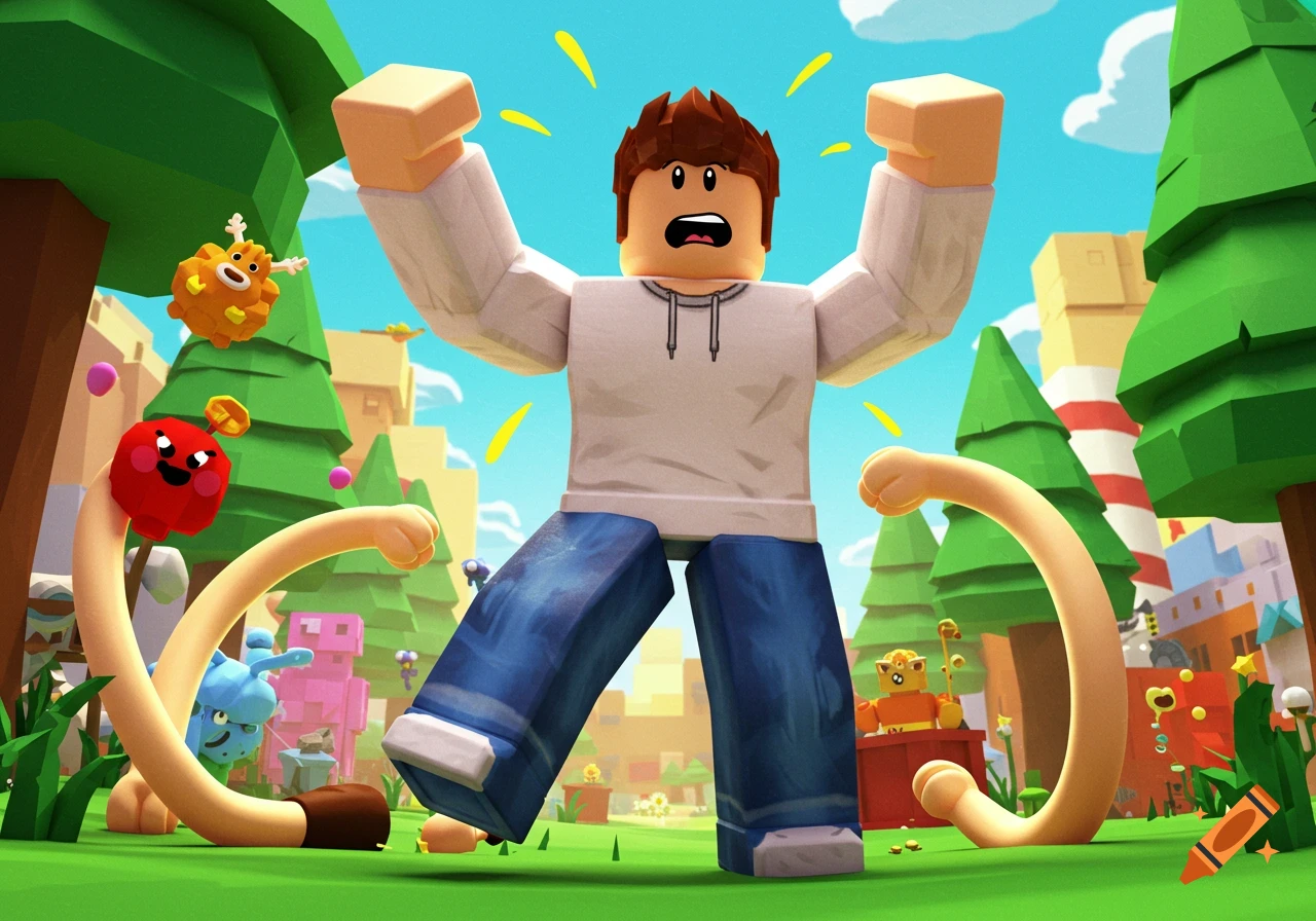 A large surprised Roblox man with raised arms in a vibrant blocky world ...