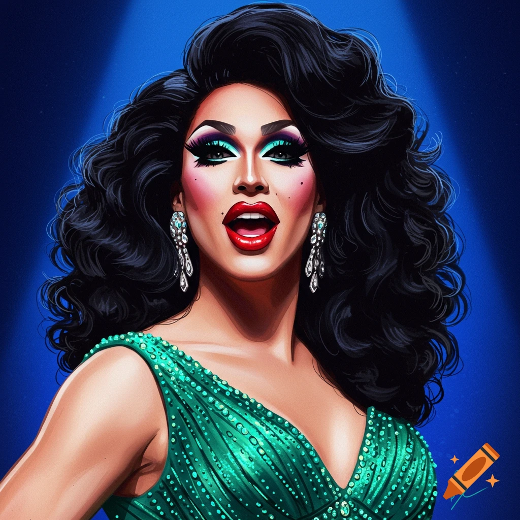 Vibrant, stylized portrait of a drag queen with voluminous black hair, bold makeup, and a ...