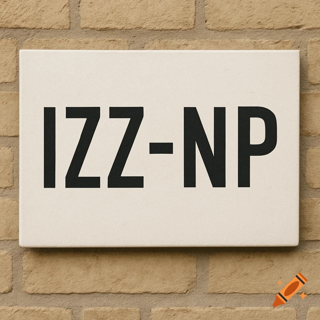 A white rectangular sign with black letters 'IZZ-NP' mounted on a ...