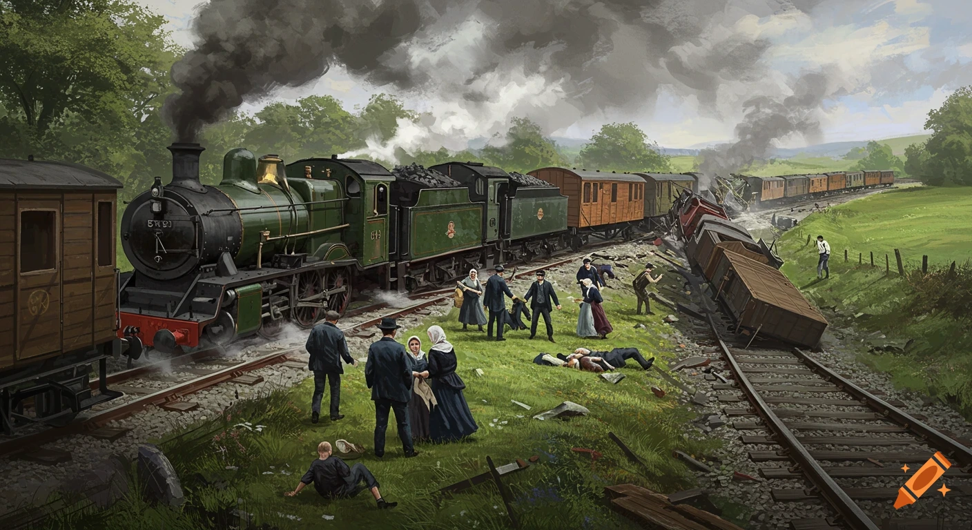 A detailed painting of an 1890s train crash in a green, rural landscape ...