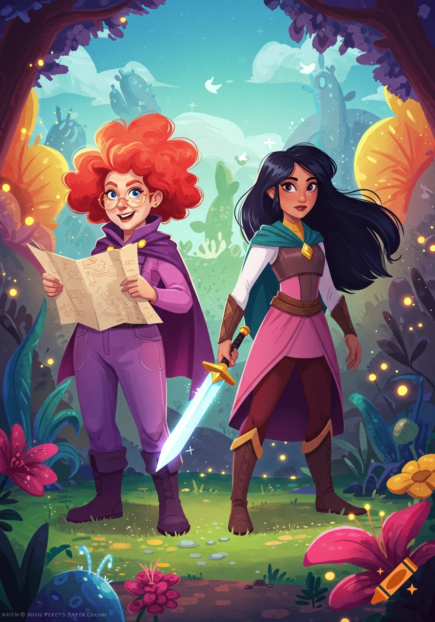 Two cartoon-style female adventurers, one with red curly hair holding a ...