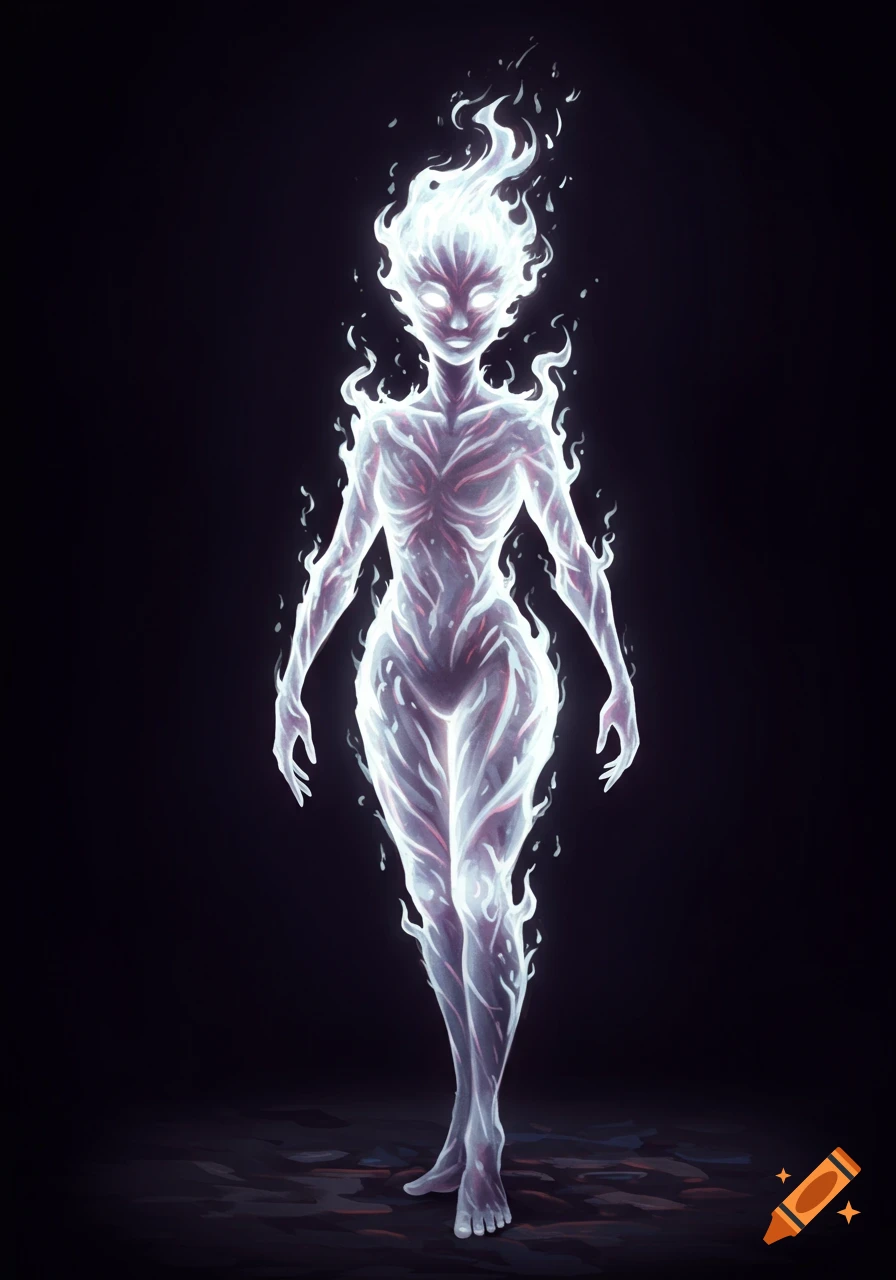 A glowing white humanoid figure made of flame stands on a dark ...